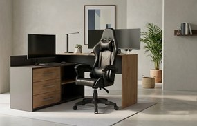 Rohový psací stůl Dany dub Artisan/antracit s herním křeslem Remus černým