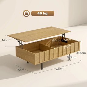 HOMCOM Sklápěcí konferenční stolek se 2 skrytými přihrádkami a žebernými stranami, mid-century-modern styl, 110x55x36,5 cm, dub
