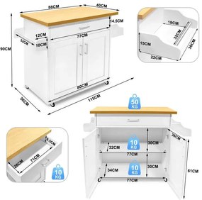 Servírovací stolek, kolečka, kov, dřevo, bílá/buk, NoBi ERIK