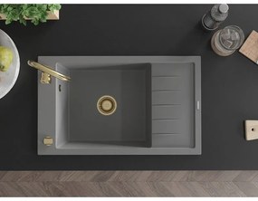 Mexen Elias, granitový dřez granitový 795x480x200 mm, 1-komorový, šedá se zlatým sifonem, 6511791005-71-G