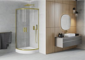 Mexen Rio, čtvrtkruhový sprchový kout 70(dveře)x70(dveře)x190 cm, 5mm čiré sklo, zlatý profil + bílá sprchová vanička RIO, 863-070-070-50-00-4710