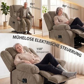 HOMCOM Křeslo k televizi s funkcí masáže a tepla, elektrické křeslo pro vstávání, dálkové ovládání, boční kapsy, světle hnědé