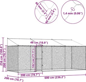 Psí klec s střechou Stříbrná 600 x 200 x 256 cm Ocel a PE 3368302