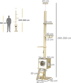 Škrabadlo PawHut 240-260 cm vysoké s domečkem pro kočky a houpací sítí ve světle hnědé a béžové barvě pro aktivní kočky |