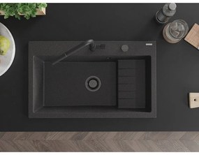 Mexen Omar, 1-komorový granitový dřez 800x480x210 mm, černá skvrnitá, grafitový sifon, 6520801005-76-B