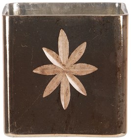 Hnědý skleněný svícen na čajovou svíčku s vyrytou květinou - 10*10*10 cm