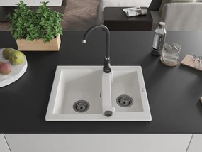 Mexen Carlos, granitový dřez 582x475x177 mm, 1,5-komorový, bílá s černým sifonem, 6518581500-20-B