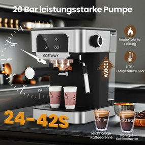 Costway Espresso kávovar 20 Bar 1200 W Espressovač s parním napěňovačem mléka 18