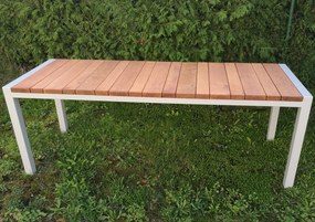 KULHÁNEK Zahradní stůl s kovovou hranou a nohami Odstín nátěru: olej - teak, Velikost desky: 150x80 cm, Odstín podnože: bílá - RAL 9010