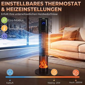 HOMCOM keramický teplovzdušný ventilátor s 3D plamenem, 2000 W, černý