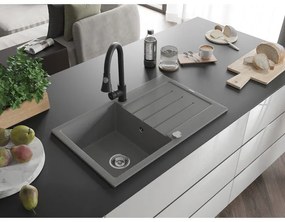 Mexen Bruno, 1-komorový granitový dřez 795x495x200 mm a dřezová baterie Elia, šedá, 6513-71-670101-70
