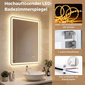 Costway Koupelnové zrcadlo s LED osvětlením a nástěnné zrcadlo – 70 × 50 × 3 cm