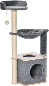 PawHut Kočičí Škrabací Strom 48x34x95 cm Kočičí Věž s Houpací Síťkou, Odnímatelnou Jeskyní, Visící Kuličkou a Sisalovými Sloupky Šedá | Aosom
