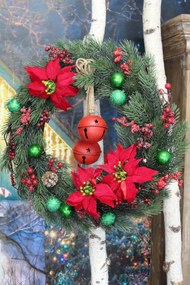 Červený vánoční věnec na dveře "Rolničky" 50cm