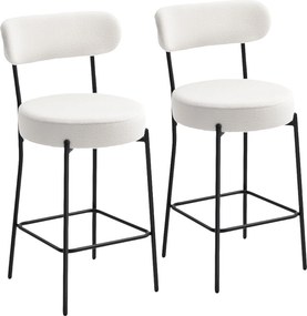 HOMCOM Set 2 barových židlí z bouclé látky, barová židle s zakřiveným opěradlem, opěrka nohou, 49x52x95 cm, krémové