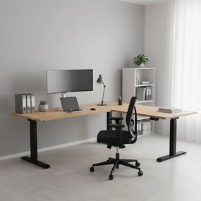 Výškově nastavitelný stůl OfficeTech Angle, 180 x 200 cm, černá podnož, dub kraft