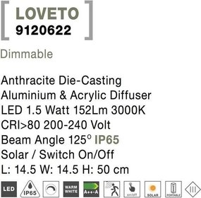 NV 9120622 Venkovní sloupkové svítidlo LOVETO antracitový hliník a akrylový difuzor LED 1.5W 3000K 3.7V 125st. IP65 solární / vypínač na těle / pohybový senzor - NOVA LUCE