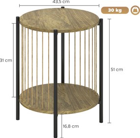 HOMCOM kulatý odkládací stolek se 2 patry a kovovou konstrukcí do obývacího pokoje nebo ložnice 43,5x43,5x51 cm, přírodní