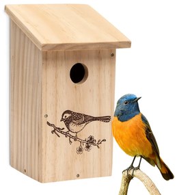 Ptačí budka pro ptáky hnízdící v dírách, plochá střecha, neošetřené dřevo, závěsné očko, předmontovaná