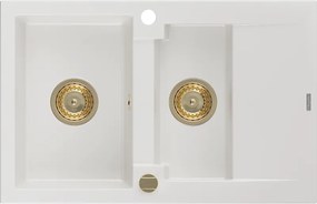 Mexen Gaspar, granitový dřez 737x475x177 mm, 1,5-komorový, bílá se zlatým sifonem, 6507731505-20-G