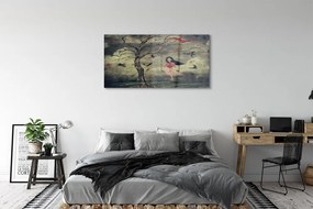 akrylový obraz Strom ptáci mraky dívka rocková 125x50 cm