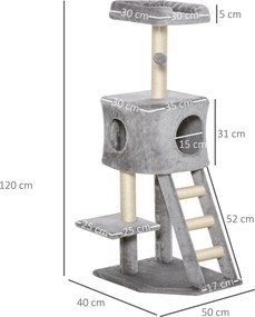 Škrabadlo PawHut stabilní s jeskyní a žebříkem 60 x 48 x 122 cm pro malé kočky ze sisalu ve světle šedé barvě | Aosom.de