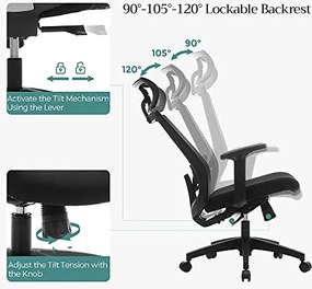 Ergonomická otočná židle, Síťovaný design, Černá, 116-133x68,5x50cm