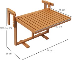 Balkonový stolek Outsunny skládací k zavěšení, výškově nastavitelný závěsný stolek, nosnost až 20 kg, borovice 68 x 65 cm, teak | Aosom.de