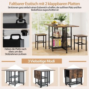 Costway 3 ks. Klappbares Esstisch-Set Ausziehbarer Esstisch mit 2 Hockern a 2
