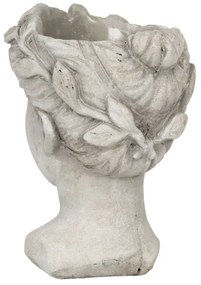 Šedý cementový květináč hlava ženy M – 16x15x21 cm