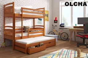 Patrová postel ALAN 90x200 cm s přistýlkou a úložným prostorem- olše