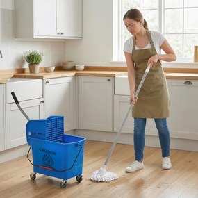 HOMCOM kyblík na vytírání s ždímacím zařízením, přepážkou na oddělení vody a kolečky, objem 20 l pro domácí úklid, 45x26,5x70 cm, modrý