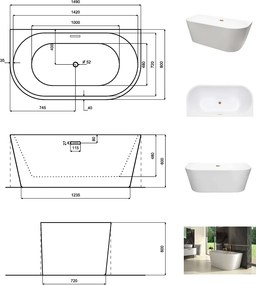 Besco Vica New vana volně stojící 150 x 80 cm sifon zlatý akrylát barva bílá VANVIC150NZ Koupelny Bernold