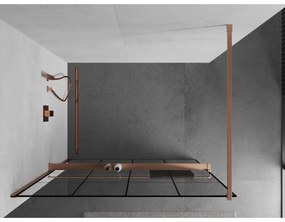 Mexen Kioto+, sprchová zástěna Walk-In s poličkou a věšákem 140 x 200 cm, 8mm čiré sklo černý vzor, ​​měděný matný profil, 800-140-121-65-77