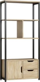 HOMCOM knihovna ve stylu industriálním 3 police Skříňka 2 zásuvky 58 x 24 x 122 cm Dřevěný vzhled černá ocel
