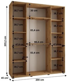 Šatní skříň YVONA 13 - 200/45 cm, dub artisan / bílá / stříbrná