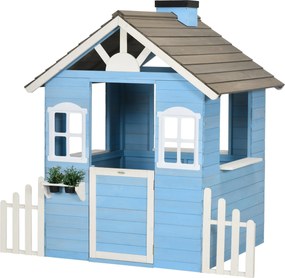 Dětský dřevěný domeček Outsunny pro venkovní hraní pro děti 3-7 let s dveřmi, okny, truhlíky a bočními ploty 151x112,5x142 cm Modrá | Aosom