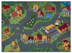 Dětský kusový koberec REBEL ROADS Village life 90 Vesnice cesty protiskluzový šedý zelený Rozměr: 95x200 cm