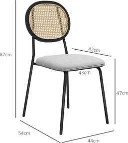 HOMCOM Sada 2 jídelních židlí s umělým ratanovým opěradlem a ocelovým rámem pro obývací pokoj 44x54x87 cm Šedá a Černá