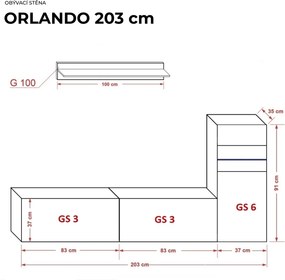 Ral Obývací stěna ORLANDO 1, 203 cm - Bílý lesk