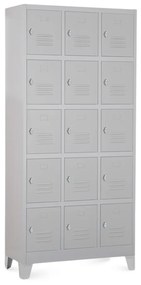 Kovová šatní skříňka - 15 boxů, 90 x 40 x 195 cm, pevné nohy, otočný zámek, světle šedá - ral 7035