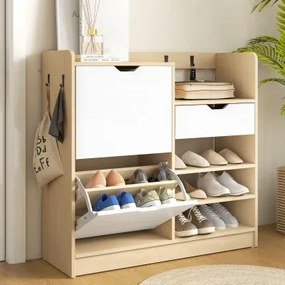 HOMCOM botník do předsíně/předsíně se zásuvkou, otevřenými přihrádkami, 4 háčky, pro 14 párů bot, přírodní a bílá