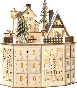 HOMCOM Adventní kalendář, box na adventní kalendář, vánoční dekorace, LED světla, 24 zásuvek, přírodní