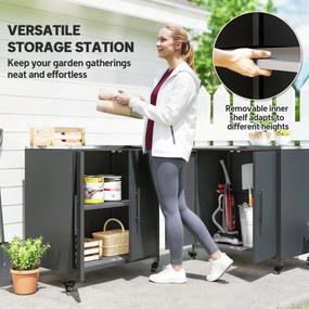 Outsunny stolek pro přesazování se skříňkou — kovová zahradní skříňka s nerezovým pracovním povrchem, odnímatelnou policí, magnetickými dveřmi a kole…