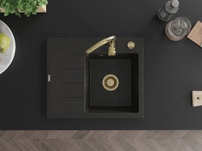 Mexen Ben, 1-komorový granitový dřez 600x500x190 mm, pravý + zlatý sifon, černá-zlatá metalíza, 6523605000-75-G