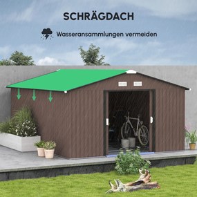 Outsunny Toolhouse 12,4 m², Zahradní Kůlna s Šikmou Střechou, Posuvné Dveře, Základna, 386 x 340 x 200 cm, Kůlna na Nářadí z Pozinkované Oceli, Odoln…