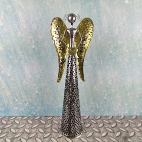 Kovový anděl stříbrný se zlatými křídly- se srdcem dole, LED, 41 cm