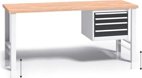 Výškově nastavitelný pracovní stůl do dílny G3 se závěsným boxem na nářadí, buková spárovka, 4 zásuvky, 1700 x 685 x 840 - 1050 mm, grafit
