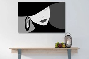 Obraz nóbl dáma v klobouku v černobílém provedení - 120x80 cm