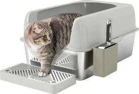 PawHut Nerezová kočičí toaleta Otevřená kočičí toaleta bez víka XXL Kočičí toaleta se škrabkou Vysoký okraj Úložný box Kočičí toaleta pro středně velk
